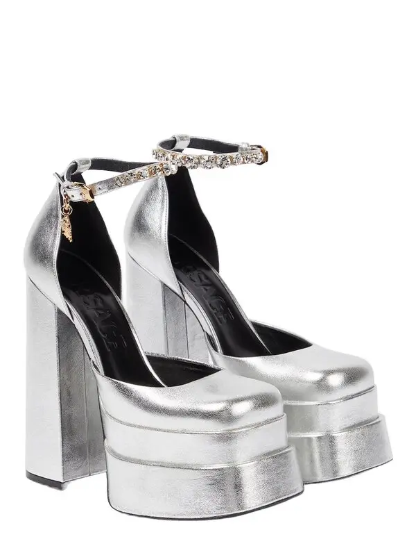 Versace Medusa Aevitas Leather Platform Pumps With Crystal Embellished Ankle Strap - Silver