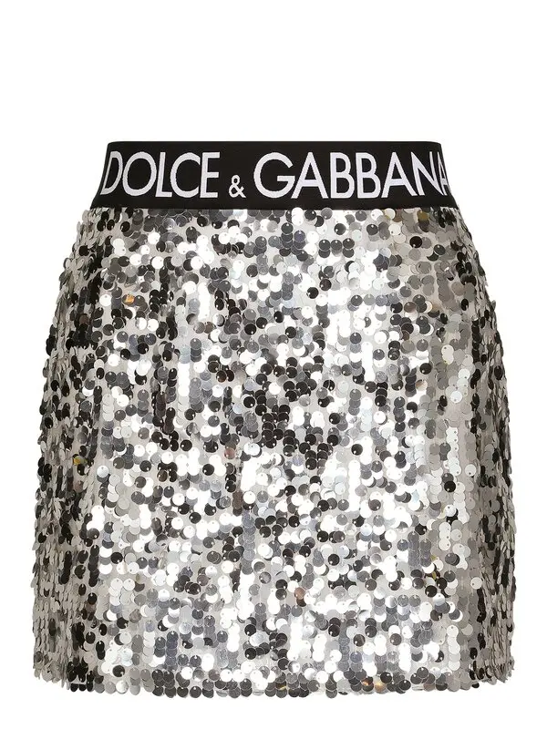 Dolce & Gabbana Sequin-embellished Mini Skirt With Logo Waistband - Silver