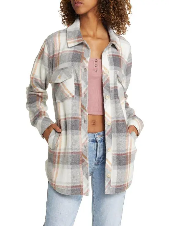 THREAD & SUPPLY Plaid Polar Fleece Shacket - Grey Taupe Pink Plaid