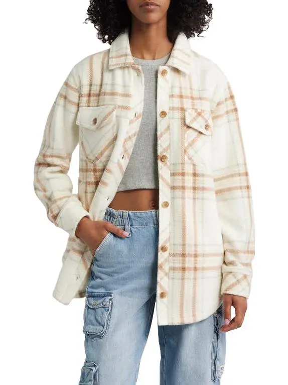 THREAD & SUPPLY Plaid Polar Fleece Shacket - Ivory Brown Combo