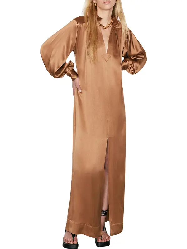 FRAME Long Sleeve Silk Caftan Maxi Dress - Latte