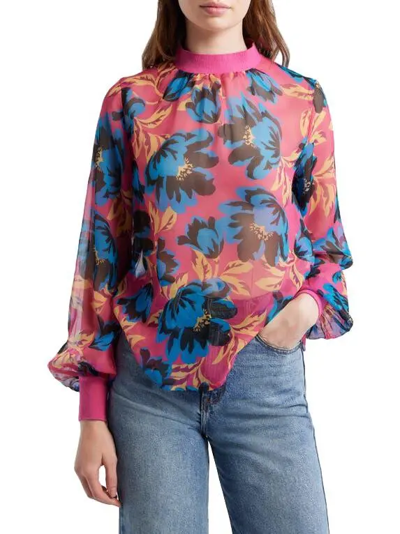 French Connection Eloise Floral Print Blouse - Fuschia Blue Jewel