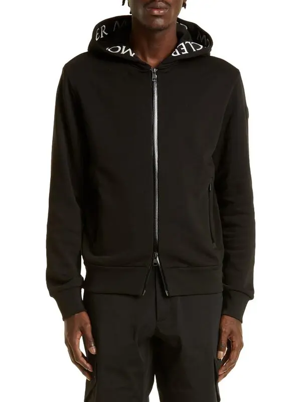 Moncler Cotton Zip Hoodie With Logo Tape - Black