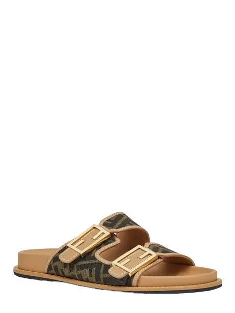 Fendi Feel Busbet Baguette Dual Strap Slide Sandal - Tobacco Nero