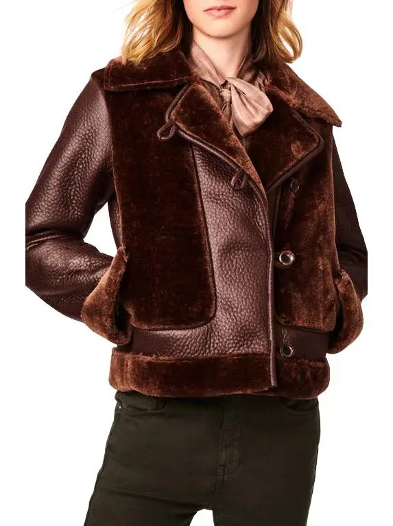 Bernardo Cropped Mixed Media Aviator Jacket - Brown