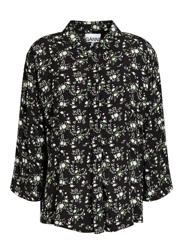 GANNI Floral Print Crepe Blouse - Black