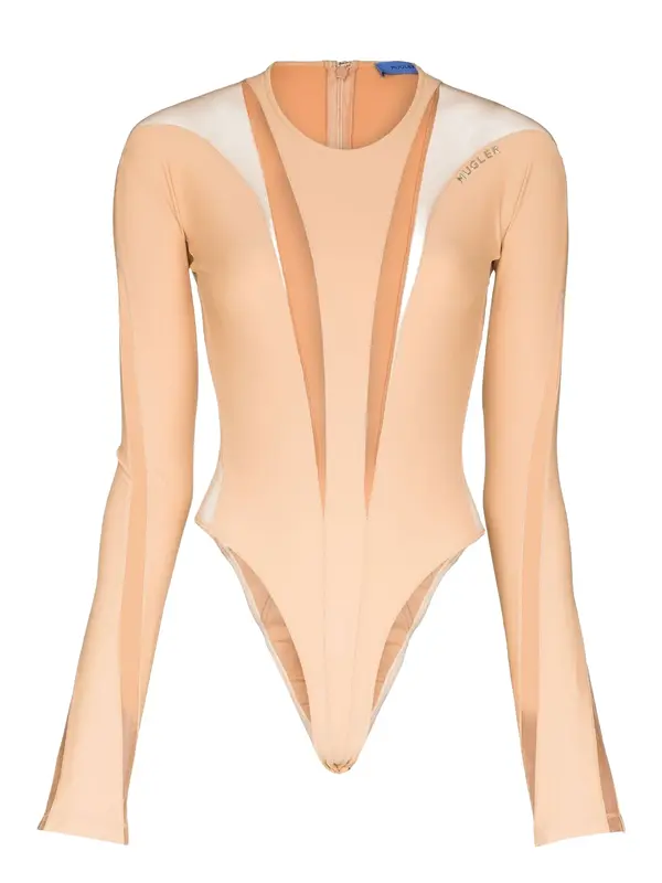 MUGLER Panelled Long-sleeve Sheer Bodysuit - Neutrals