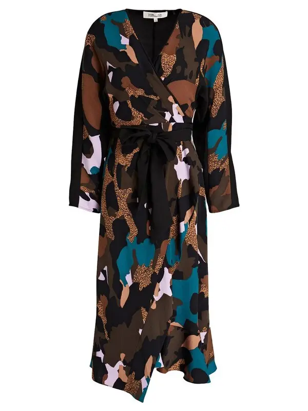 Diane Von Furstenberg Tulisa Ruffletrimmed Printed Crepe Midi Wrap Dress - Black