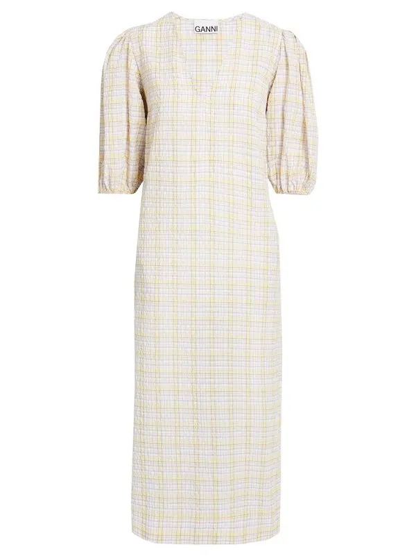 GANNI Checked Seersucker Midi Dress - Multicolor