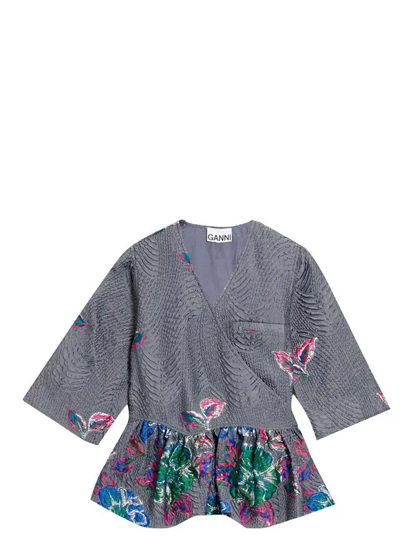 GANNI Fil Coupé Cloqué Wrap Blouse With Metallic Trim - Silver