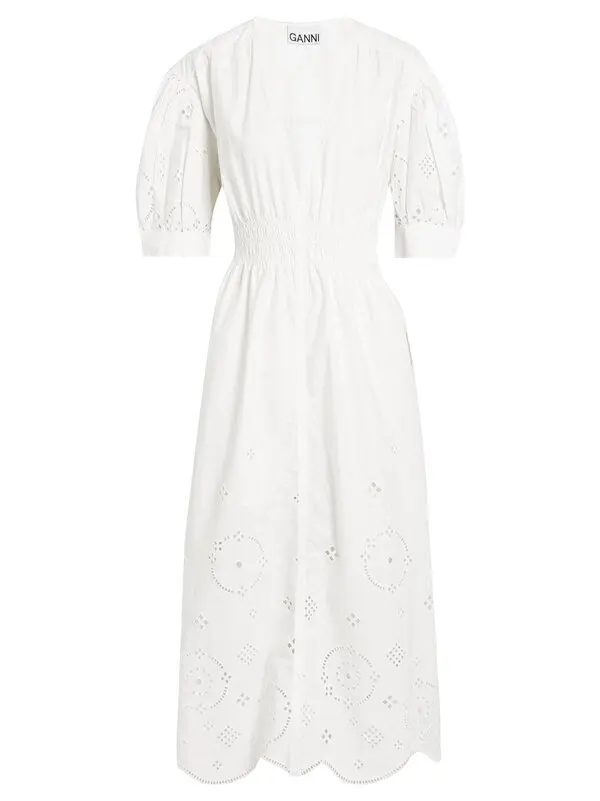 GANNI Shirred Organic Cotton Broderie Anglaise Midi Dress - White