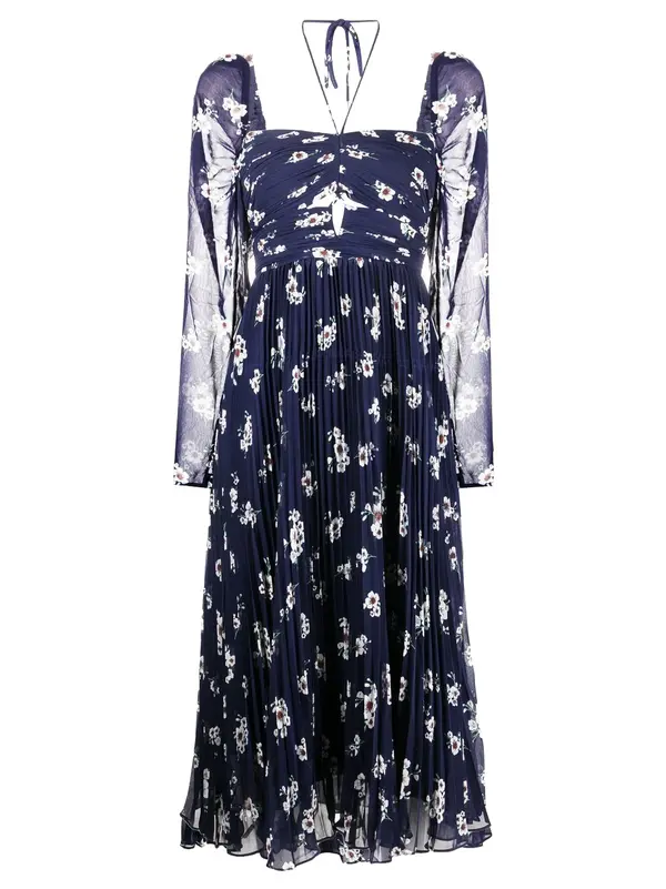 SELF-PORTRAIT Pansy-print Pleated Midi Dress - Blue