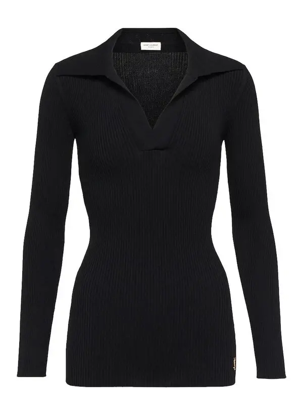 Saint Laurent Ribbed-knit Polo Sweater - Black