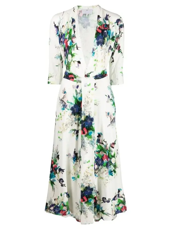 Luisa Beccaria Floral-print Long-sleeve Dress - White