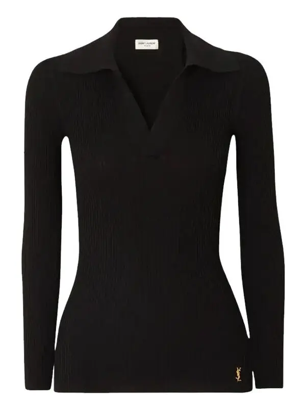 Saint Laurent Embellished Ribbed-knit Polo Sweater - Black
