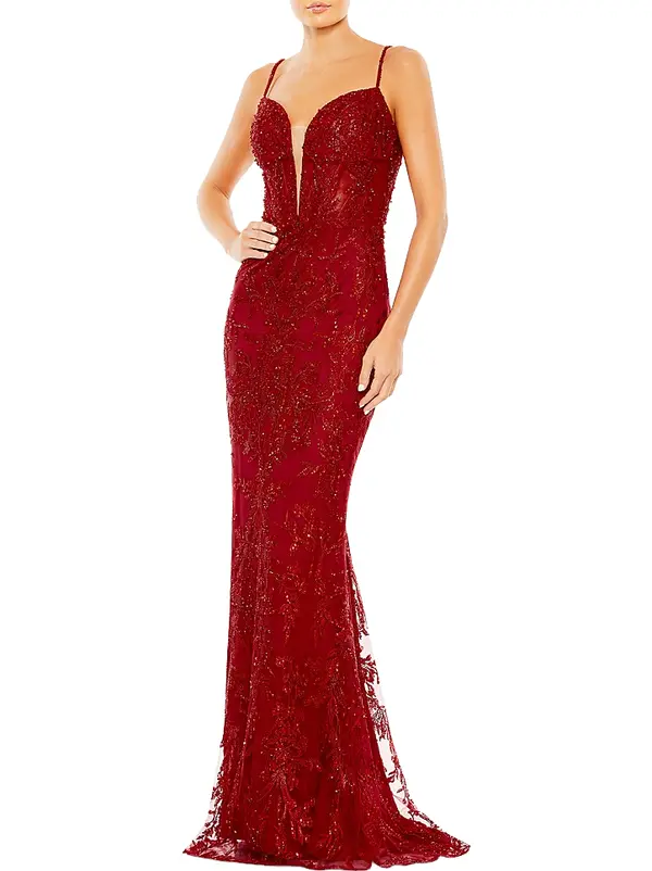Mac Duggal Beaded Plunge Neck Gown - Red