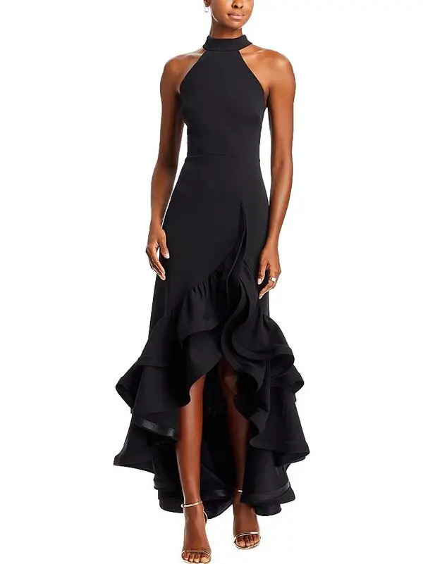 Aqua Racerback Ruffle Hem Gown - Black