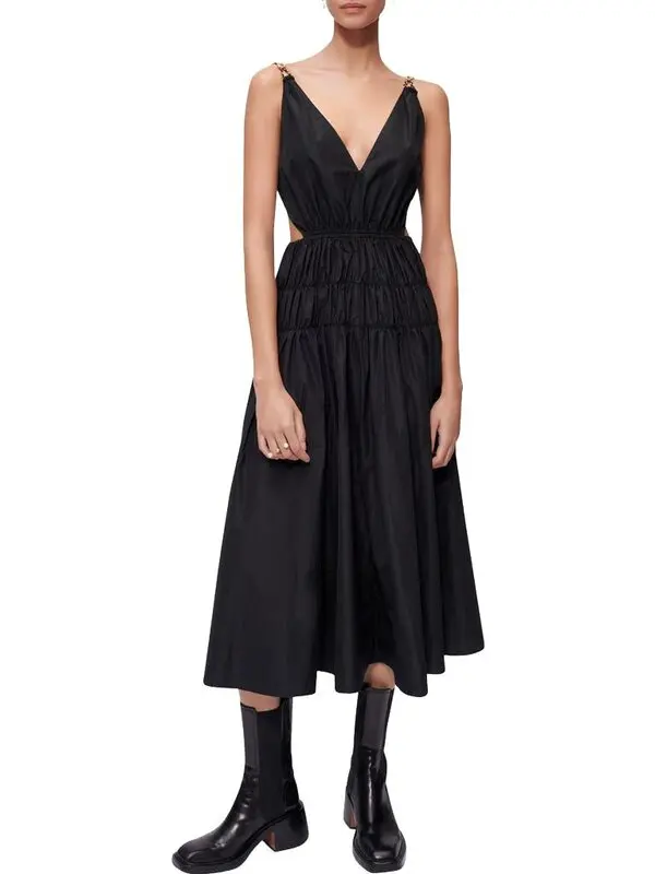 Maje Rope Strap Shirred Cutout Dress - Black