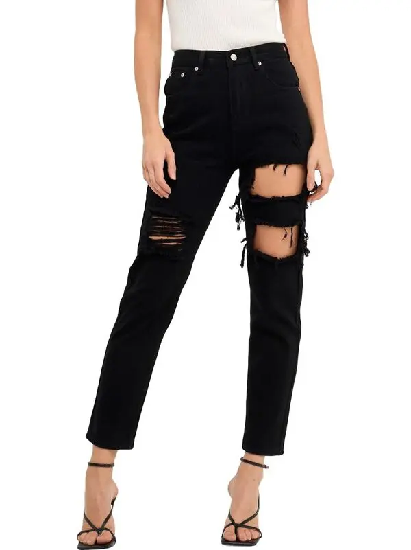 GREY LAB Cutout Ripped High-rise Straight Leg Jeans - Black