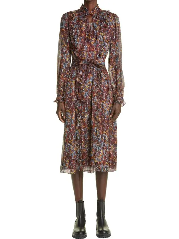 Lafayette 148 New York Harlan Long Sleeve Silk Blend Dress - Antique Ruby Multi