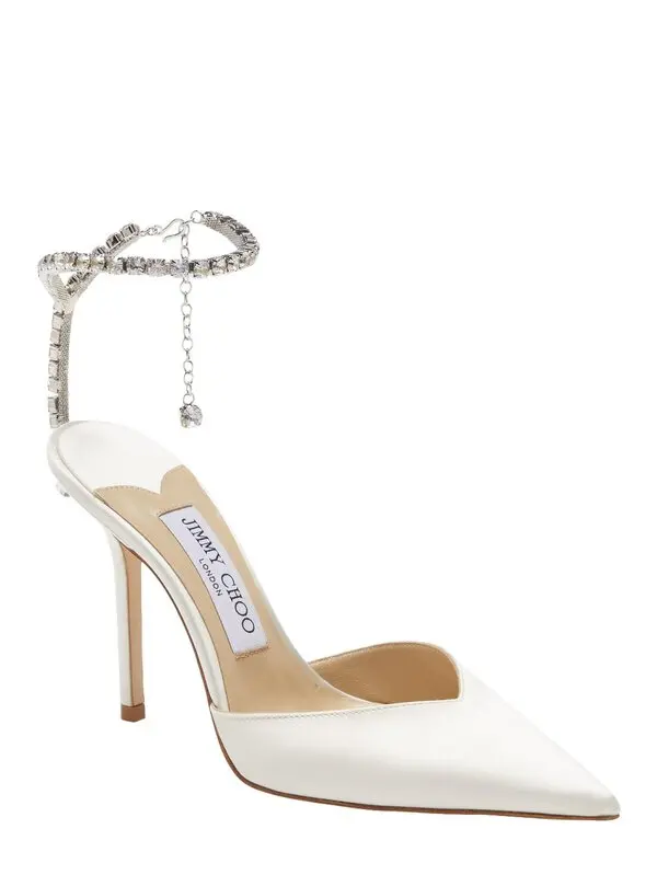 JIMMY CHOO Saeda Pointed Toe Pump With Crystal Ankle Strap - Ivory/crystal