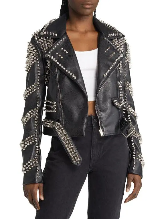 AZALEA WANG Spike Belted Faux Leather Moto Jacket - Black