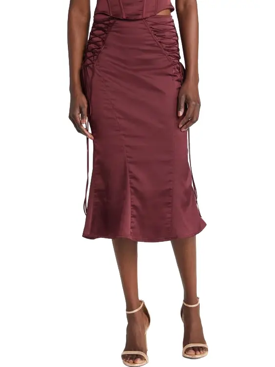 House Of Cb Sidonie Lace-up Satin Trumpet Midi Skirt - Wine