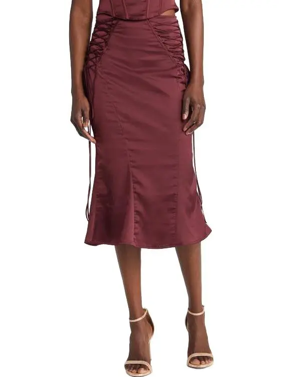 House Of Cb Sidonie Lace-up Satin Trumpet Midi Skirt - Wine