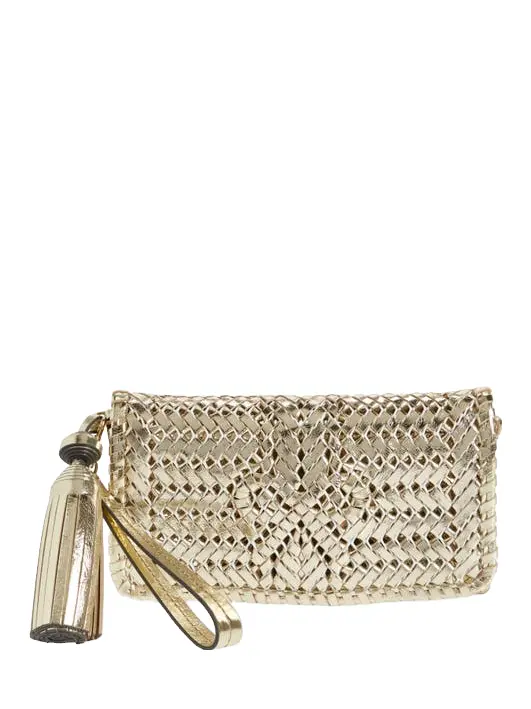 ANYA HINDMARCH The Neeson Herringbone Woven Metallic Leather Tassel Clutch - Platino