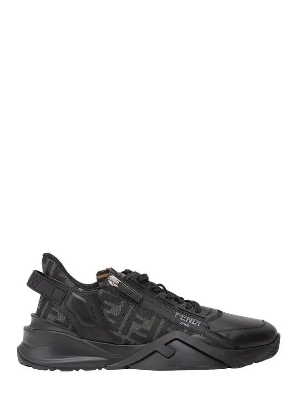 Fendi Flow Vitello Leather & Tonal Logo Jacquard Sneakers - Black