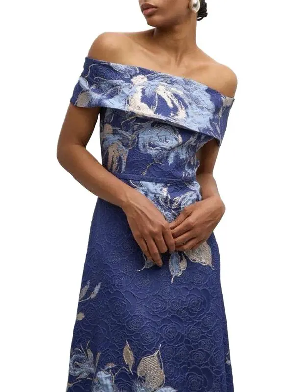 Rickie Freeman For Teri Jon Metallic Flower Jacquard Gown - Blue Multi