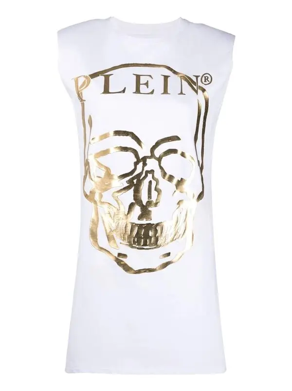 Philipp Plein Metallic Skull Print T-shirt Dress - White