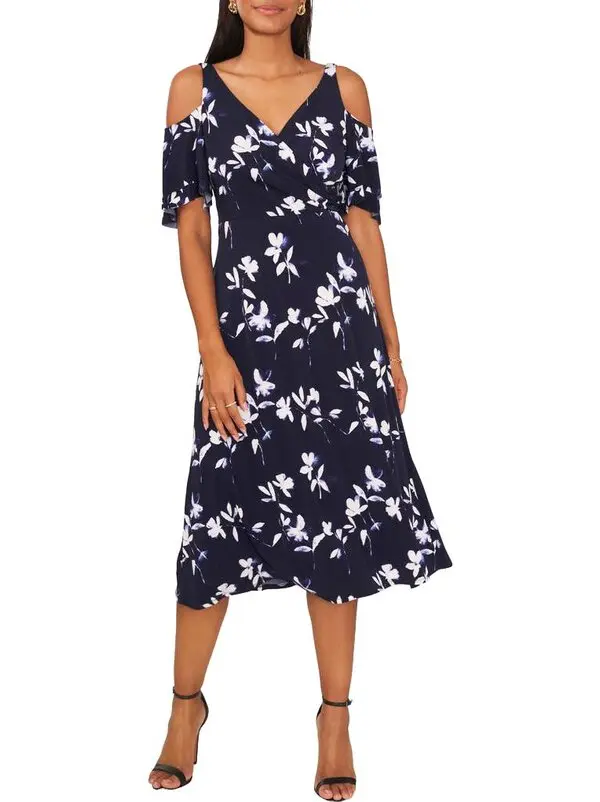 Chaus Cold Shoulder Floral Midi Dress - Evening Navy