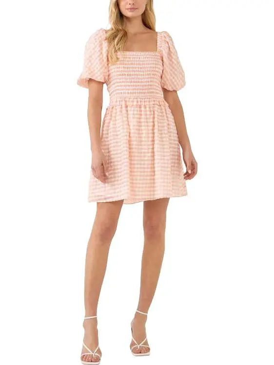 English Factory Gingham Smocked Minidress - White/coral