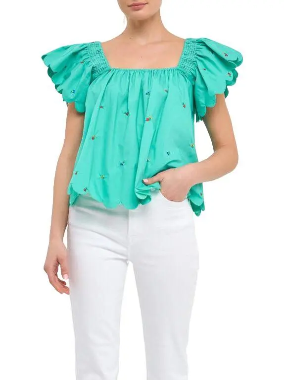 English Factory Floral Embroidered Cotton Top - Emerald