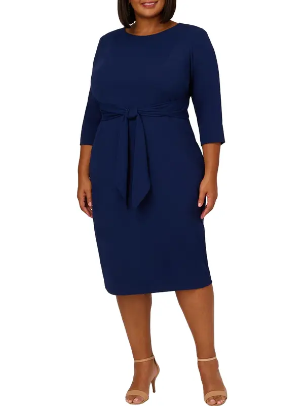 Adrianna Papell Tie Waist Crepe Dress - Navy Sateen