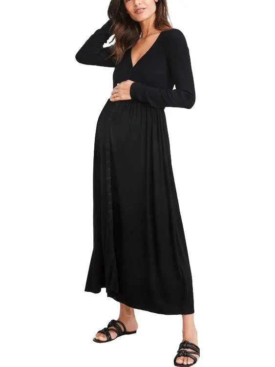 Hatch Ribbed Long Sleeve Maxi Maternity/nursing Dress - Black