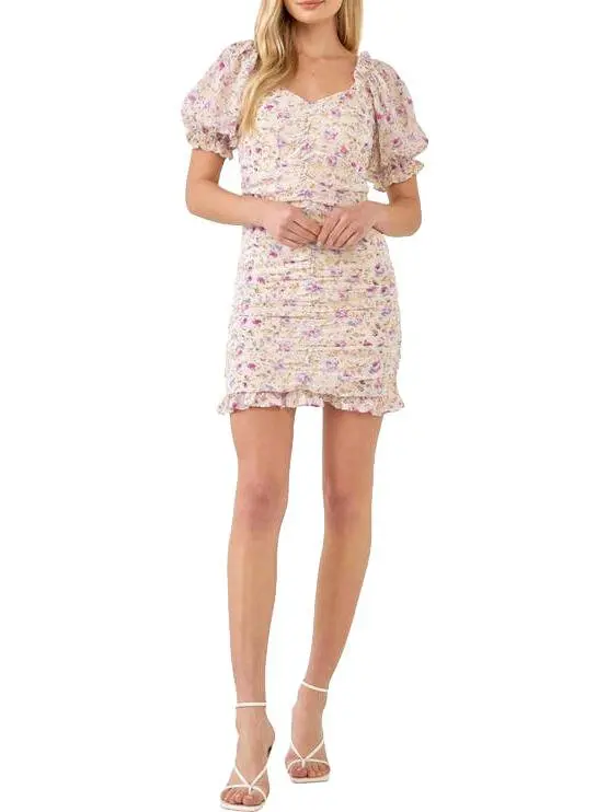 Endless Rose Eyelet Floral Ruched Minidress - Ivory Multi