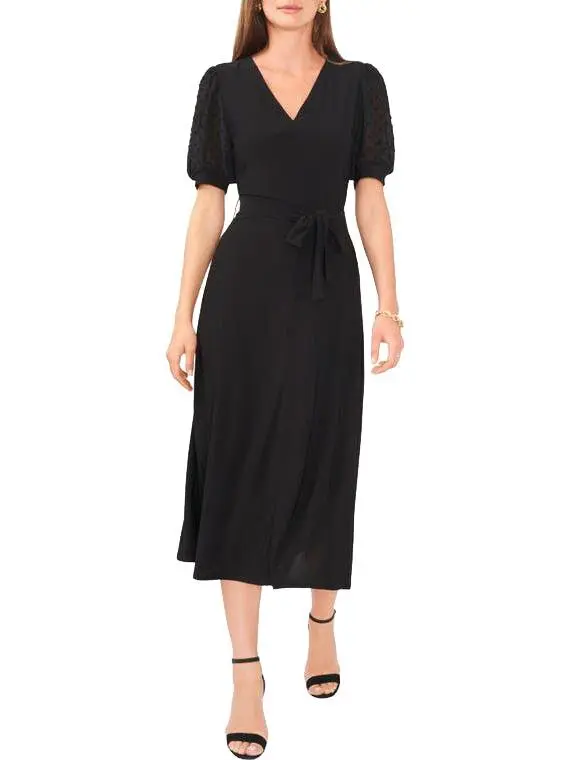 Chaus Clip Dot Puff Sleeve Tie Front Midi Dress - Black