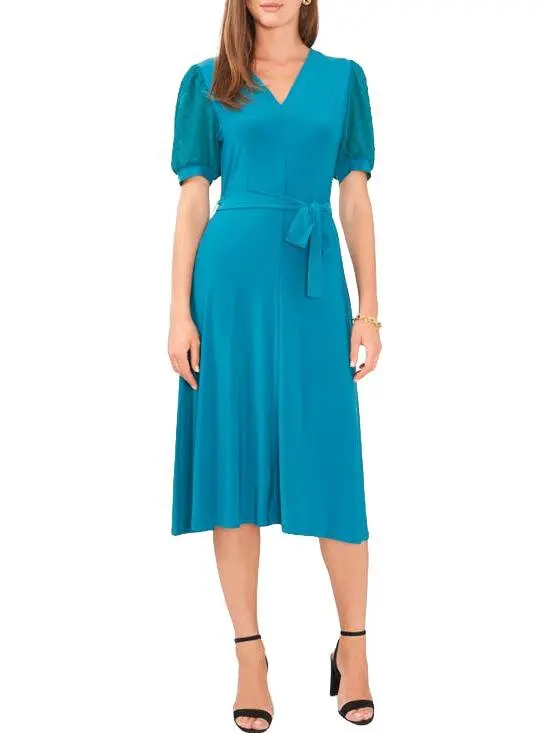 Chaus Clip Dot Puff Sleeve Tie Front Midi Dress - Boho Cactus