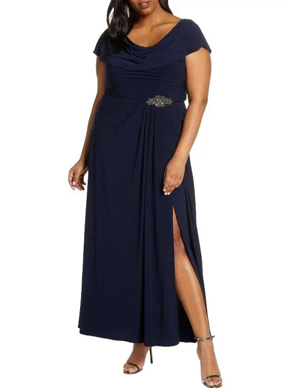 Alex Evenings Cowl Neck Beaded Waist Gown - Navy