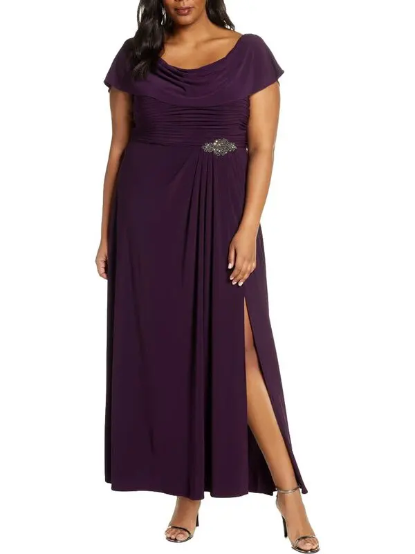 Alex Evenings Cowl Neck Beaded Waist Gown - Eggplant