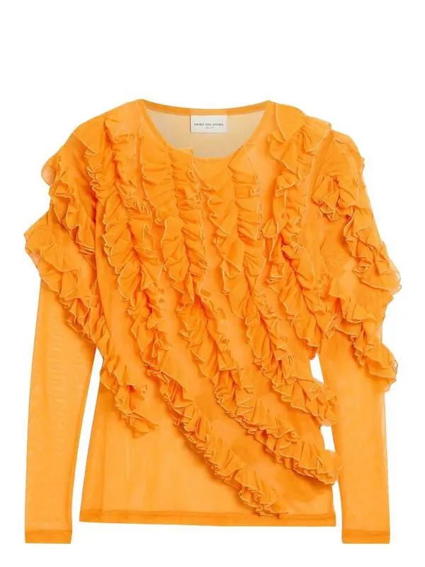 Dries Van Noten Ruffled Stretch-mesh Top - Orange