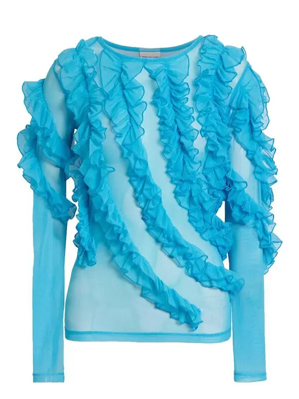 Dries Van Noten Ruffled Stretch-mesh Top - Turquoise