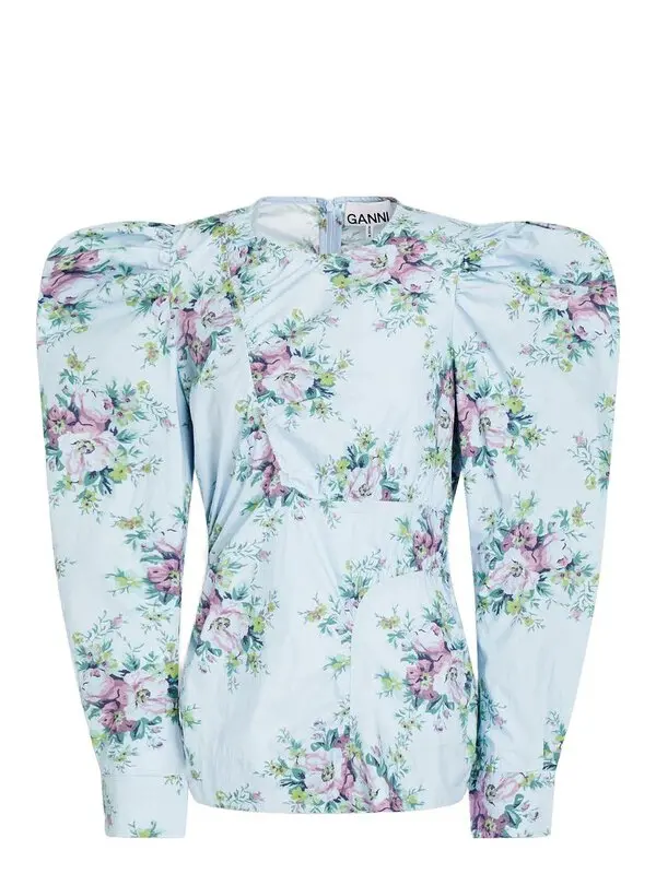 GANNI Gathered Floral-print Organic Cotton-poplin Top - Light Blue