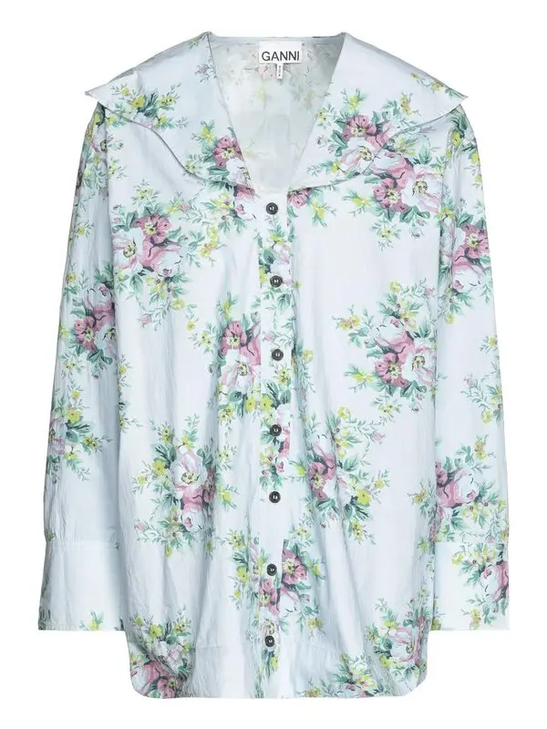 GANNI Floral Print Organic Cotton Poplin Shirt - Light Blue