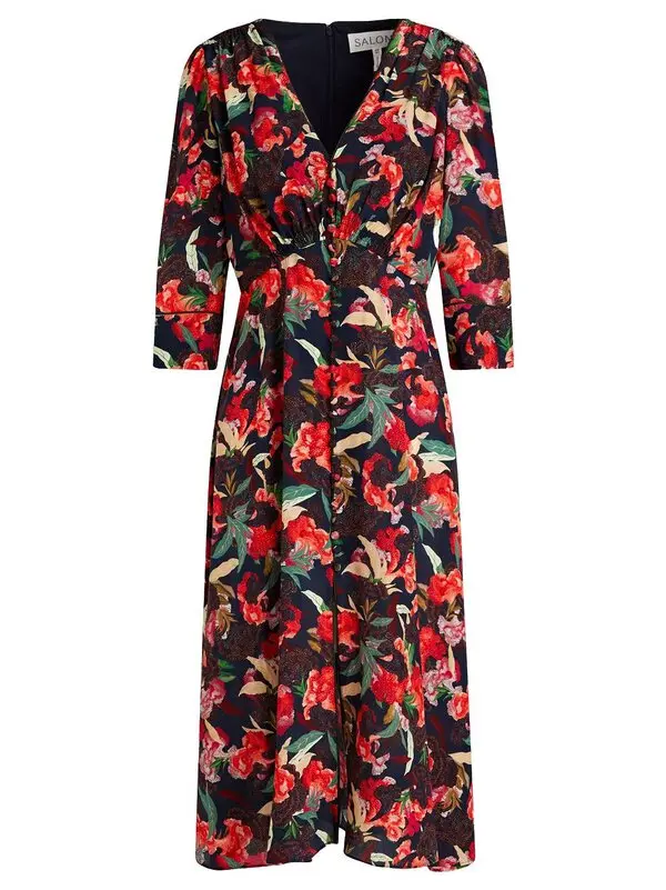 Saloni Eve Floral-print Silk Crepe De Chine Midi Dress - Black