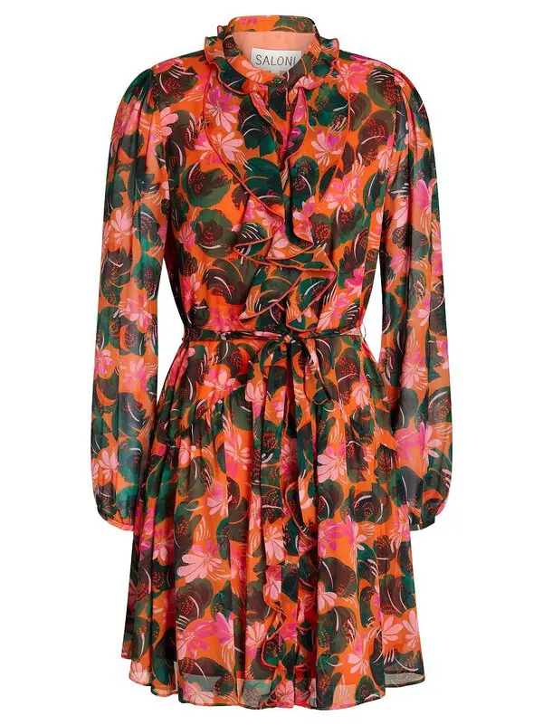 Saloni Tilly Ruffled Printed Silk Georgette Mini Dress - Orange