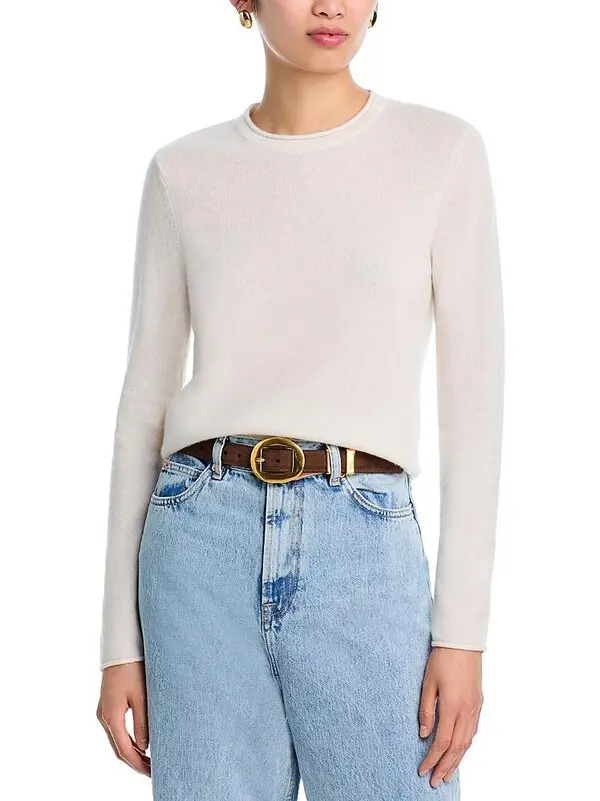 Aqua 100% Cashmere Rolled Edge Sweater - Ivory