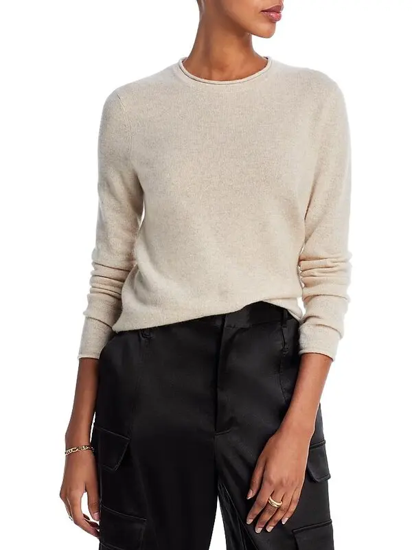 Aqua 100% Cashmere Rolled Edge Sweater - Oatmeal
